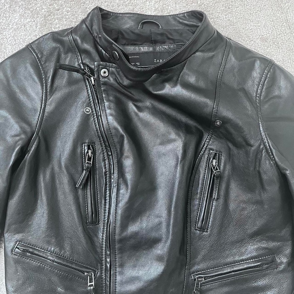 2000s Black Zara Leather Motorcycle Jacket. - Gem